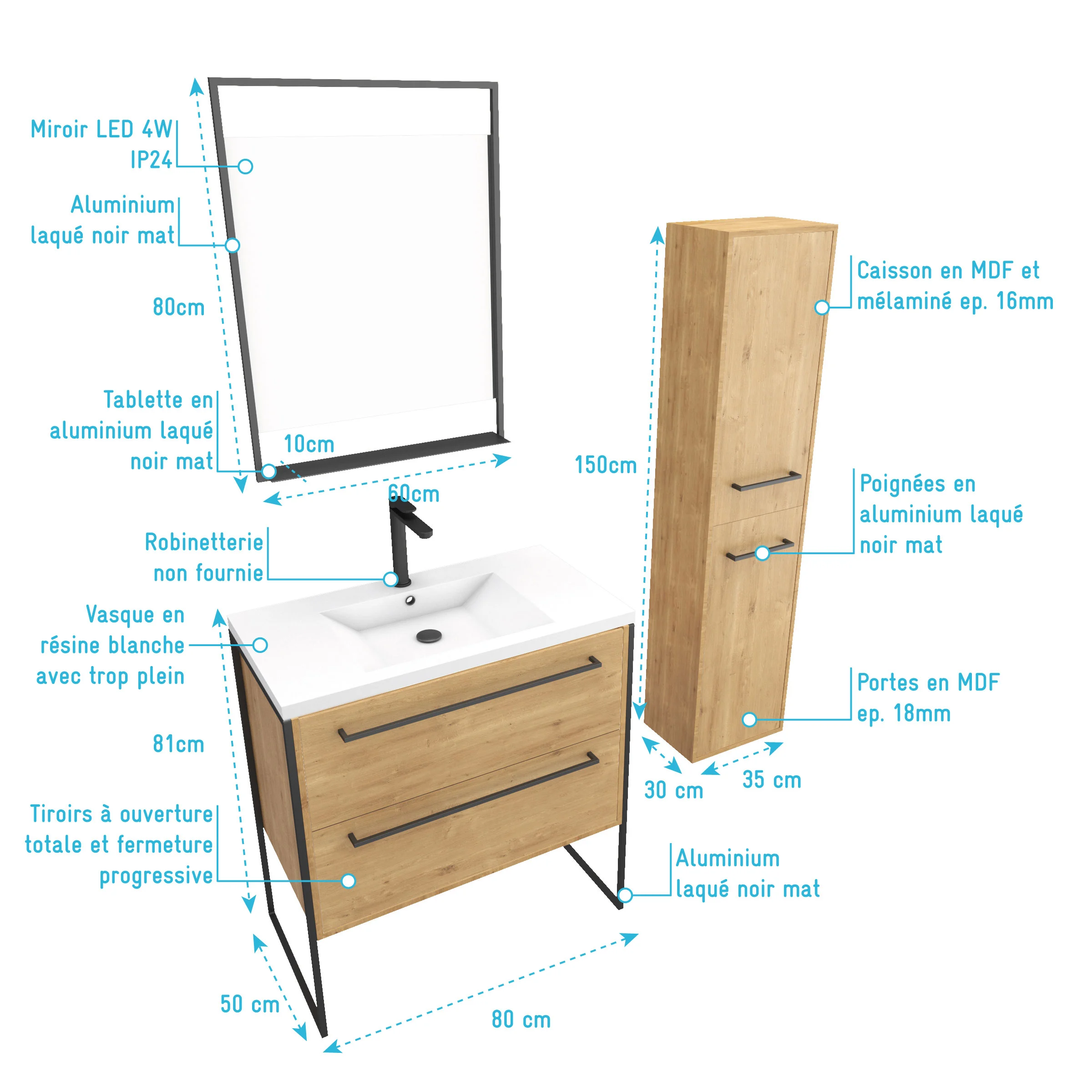 Meuble Salle de Bains 80 cm, Vasque Blanche, Miroir Led et Colonne ...