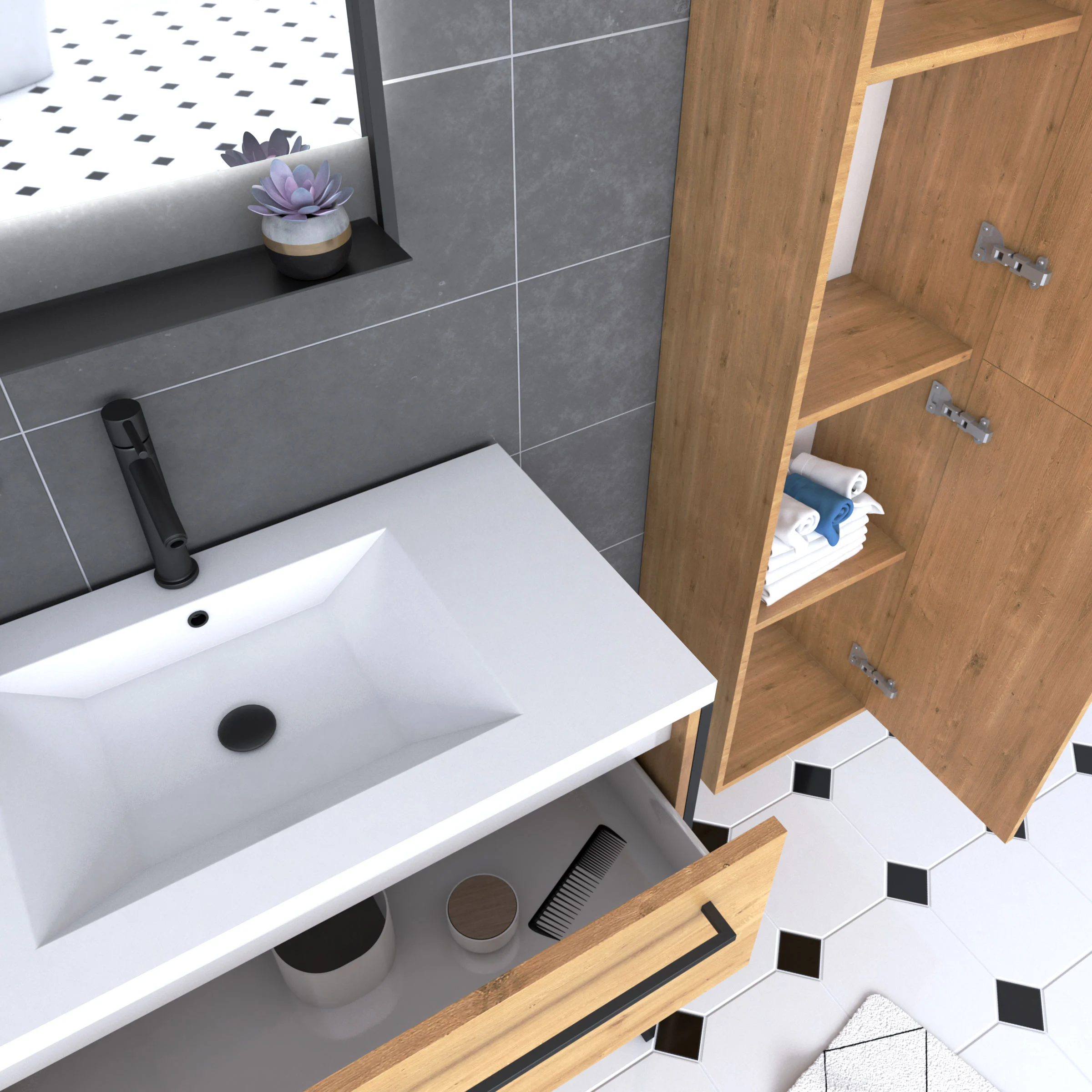 Meuble Salle de Bains 80 cm, Vasque Blanche, Miroir Led et Colonne ...