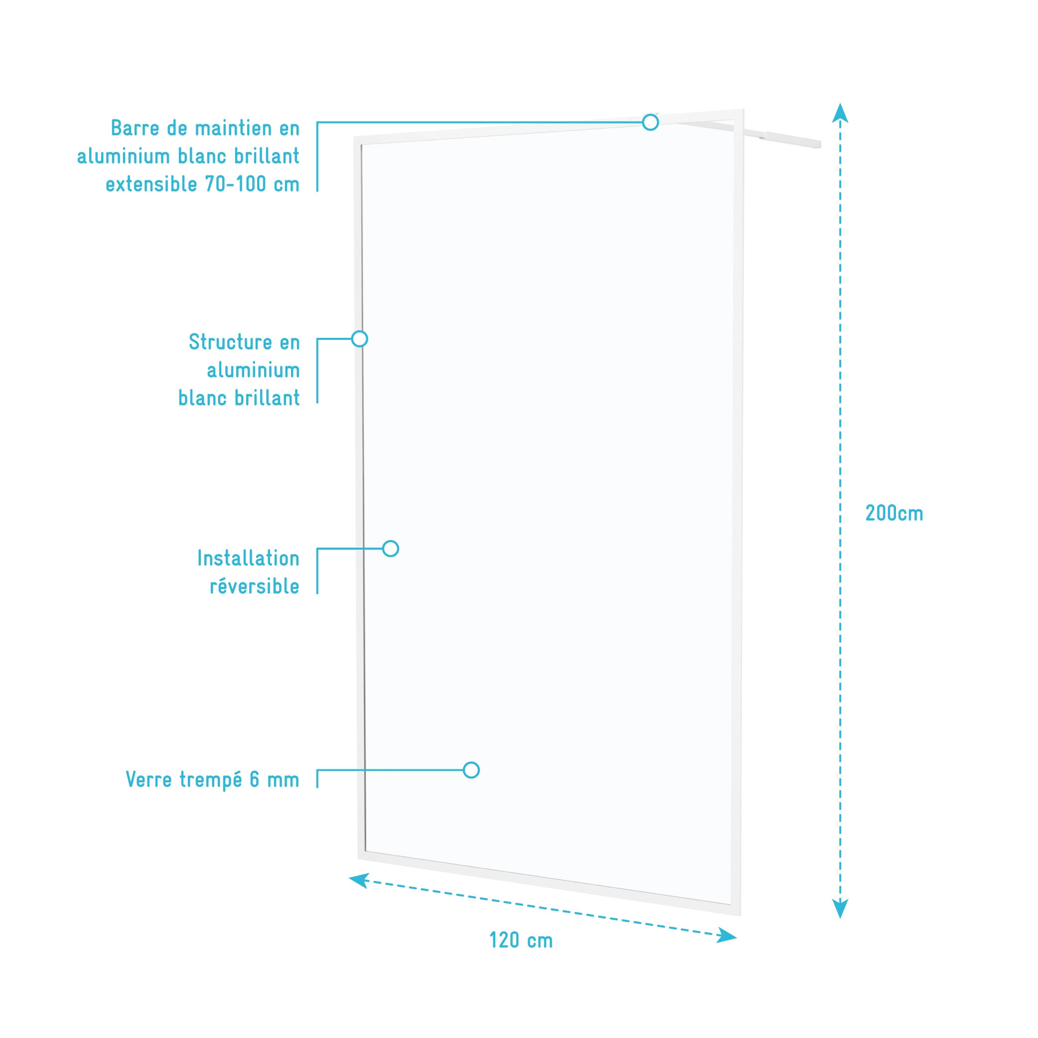 Paroi de Douche - Cadre et Bras Aluminium BLANC - 120x200 cm - WHITE ...