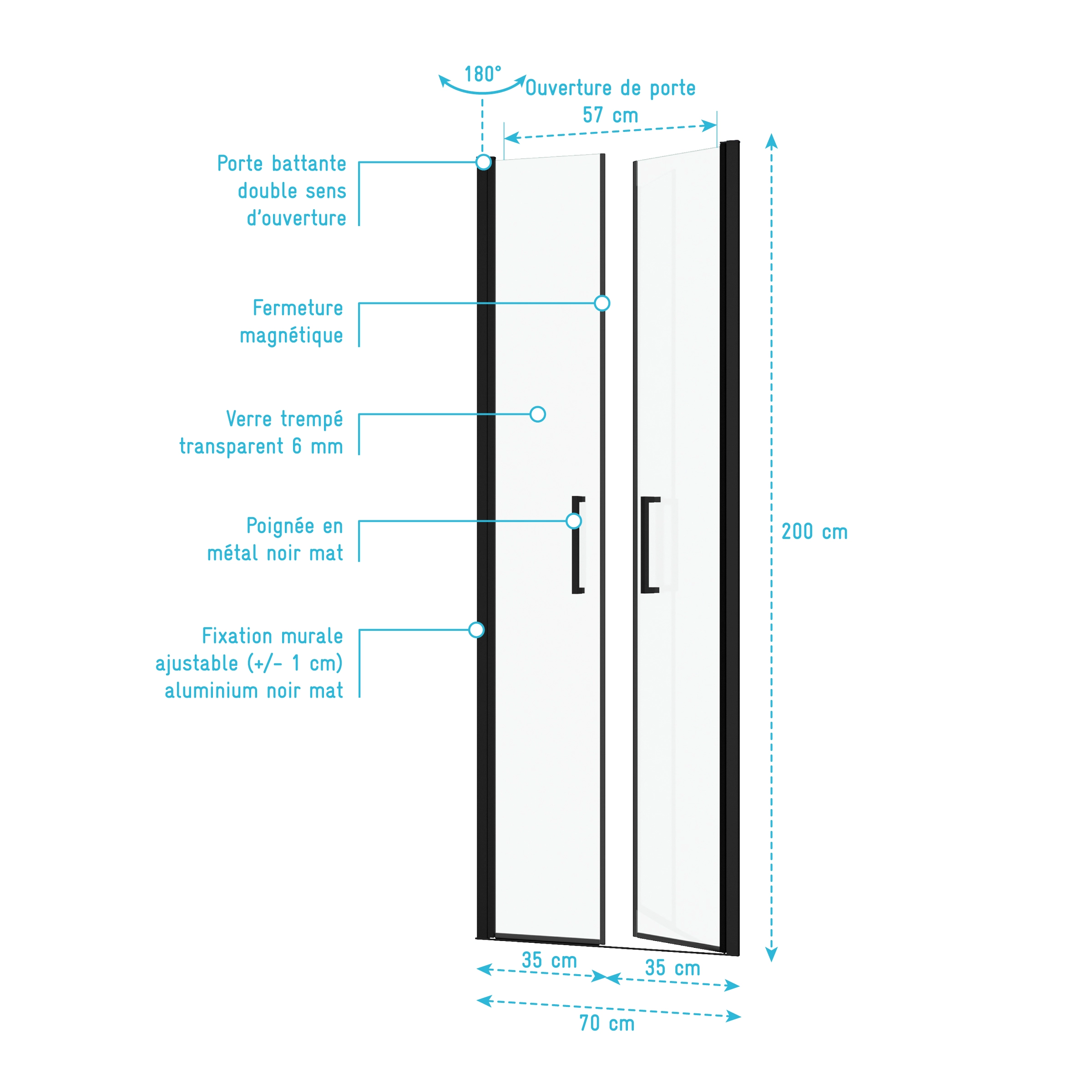 Porte de Douche Double Battant 70x200cm - Verre Trempé Transparent 6mm ...